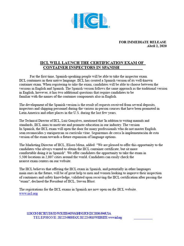 IICL Launches Spanish Container Exam | PDF