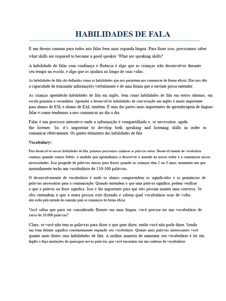 Habilidades de Fala | PDF | Fluência | Aprendizado