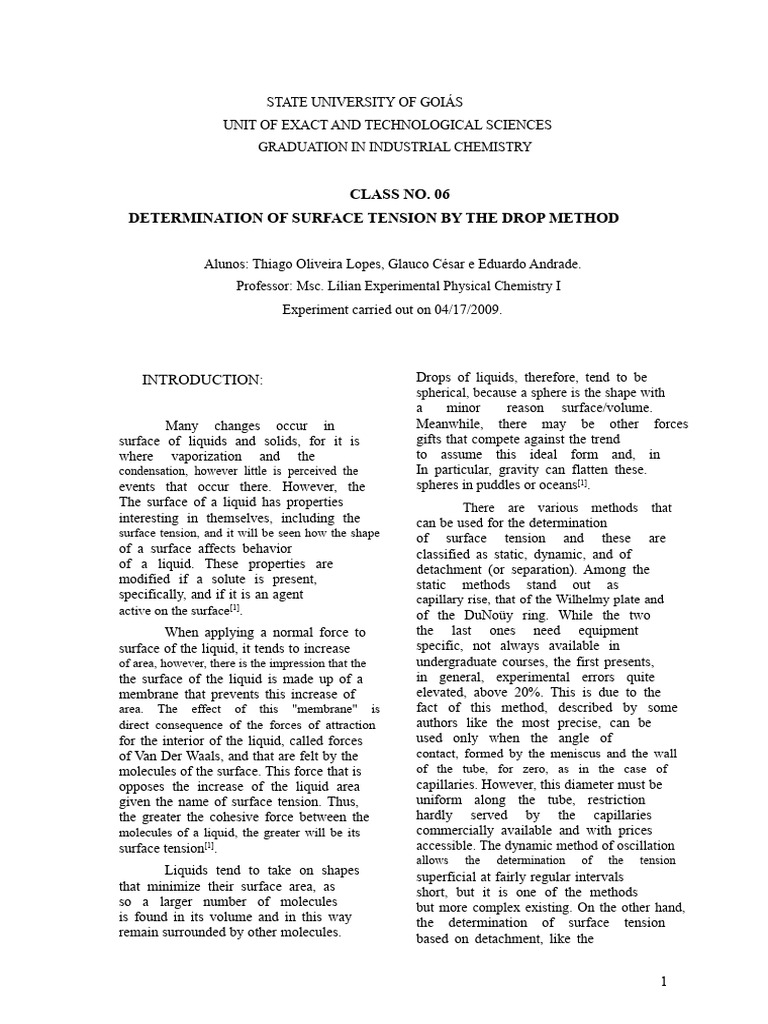Report On Experimental Physical-Chemistry I - Determination of Surface ...