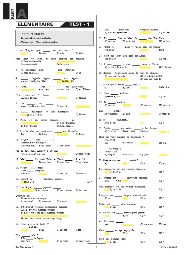 (MA) Test de Grammaire - 1A Ele T1-4 | PDF | Pronom | Linguistique