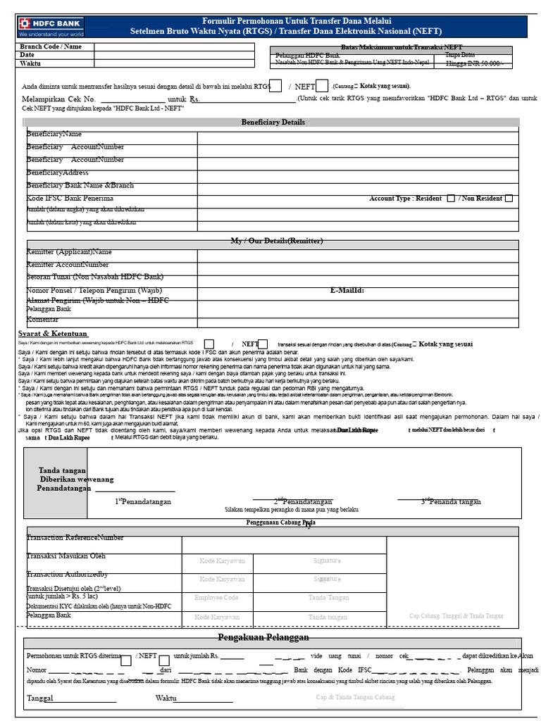 Formulir Transfer Dana RTGS/NEFT HDFC | PDF