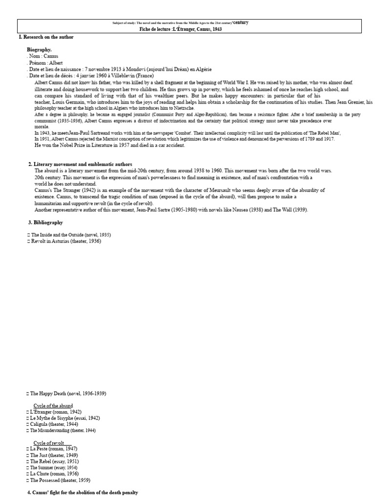 The Outsider - Reading - Note 1 | PDF | Albert Camus