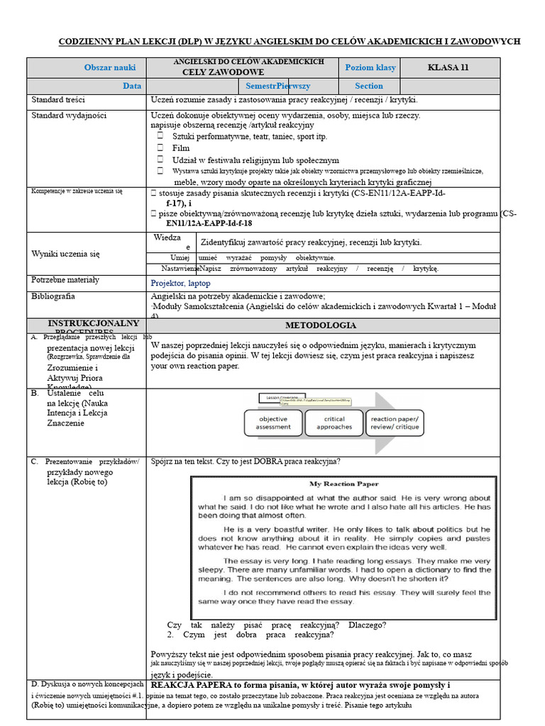 EAPP 1. kwartał, LP7 Pisanie pracy reakcyjnej | PDF
