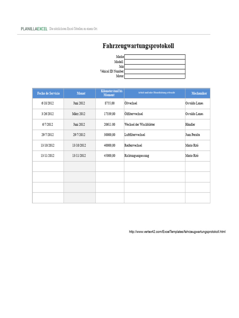Fahrzeugwartungsprotokoll in Excel | PDF