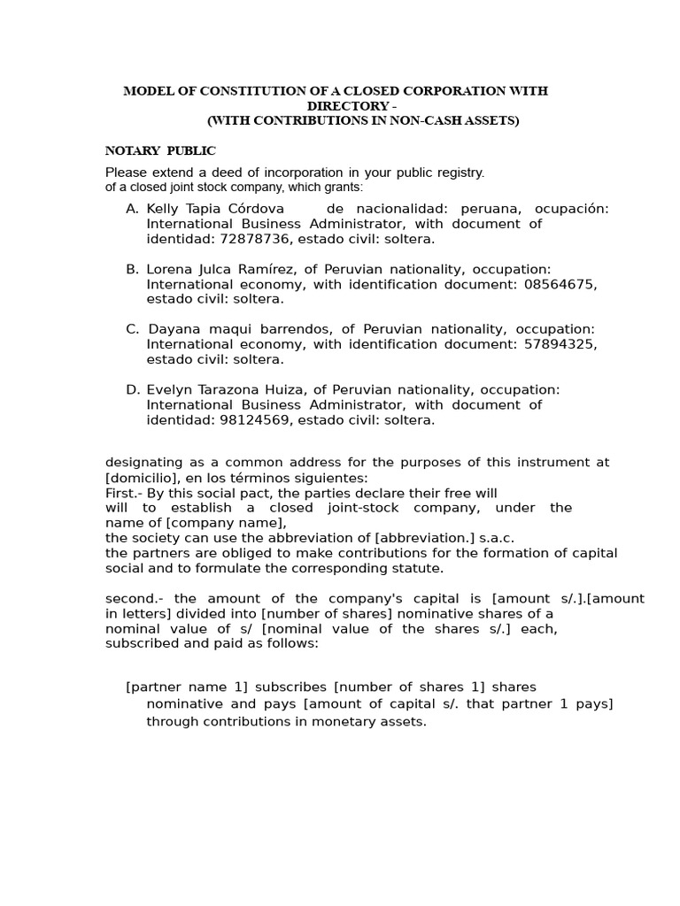 Model of Closed Corporation Constitution - Minutes | PDF | Joint Stock ...