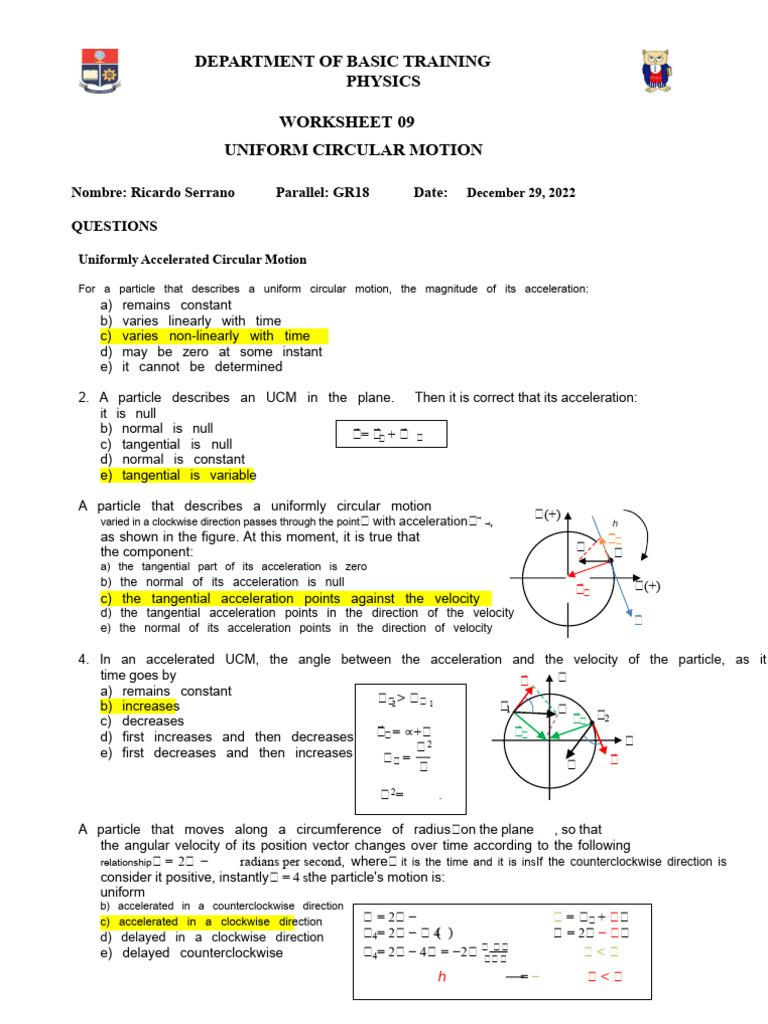 Worksheet 09 - Uniform Circular Motion - RS | PDF | Acceleration | Space
