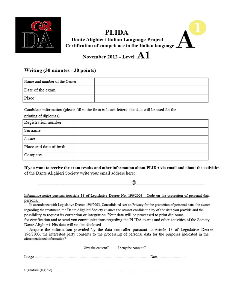 PLIDA Italian Language Exam A1 Guide | PDF