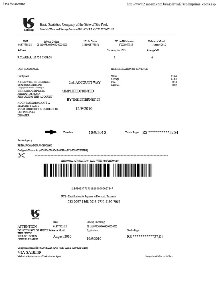 São Paulo Water Bill Statement | PDF | Hydraulic Engineering | Fresh Water