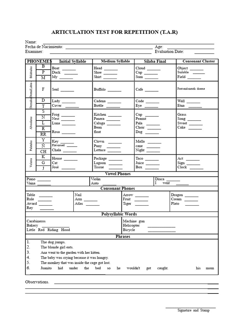 Articulation Test For Repetition | PDF | Syllable | Consonant