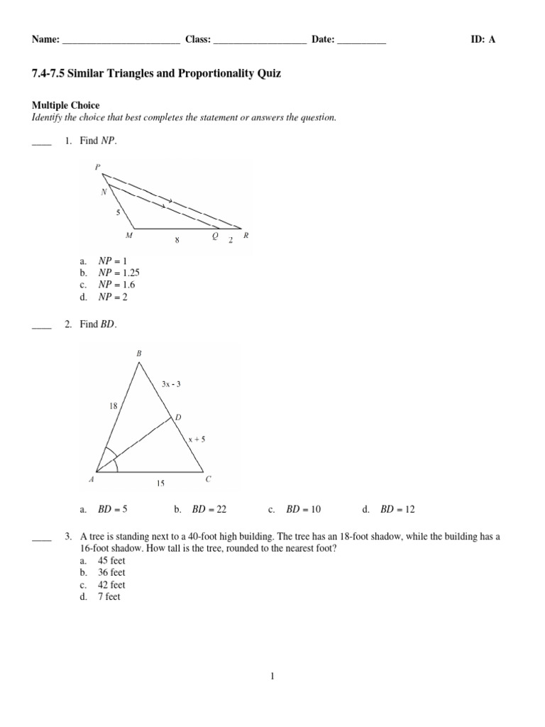 7.4-7.5 Similar Triangles and Propotionality Quiz | PDF | Elementary ...