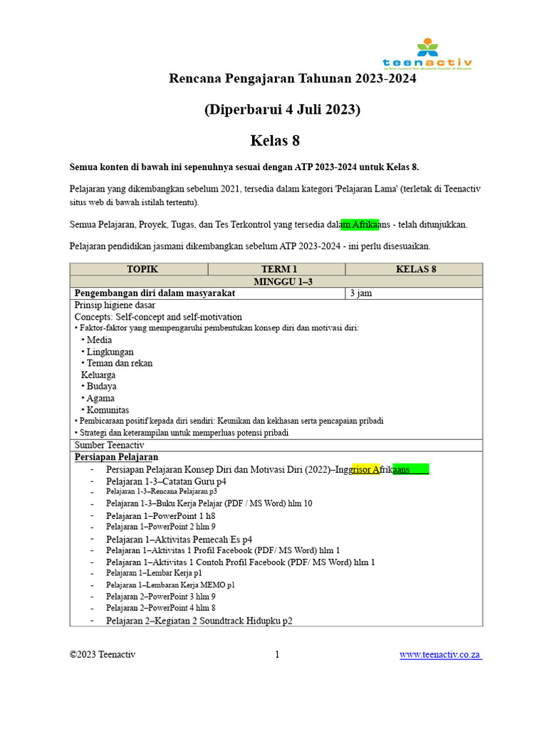Teenactiv - Rencana Pengajaran Tahunan Kelas 8 2023-2024 (4 Juli 2023 ...