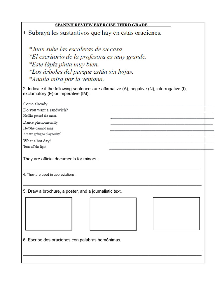 Spanish Review Exercise Third Grade | PDF | Syntax | Sentence (Linguistics)