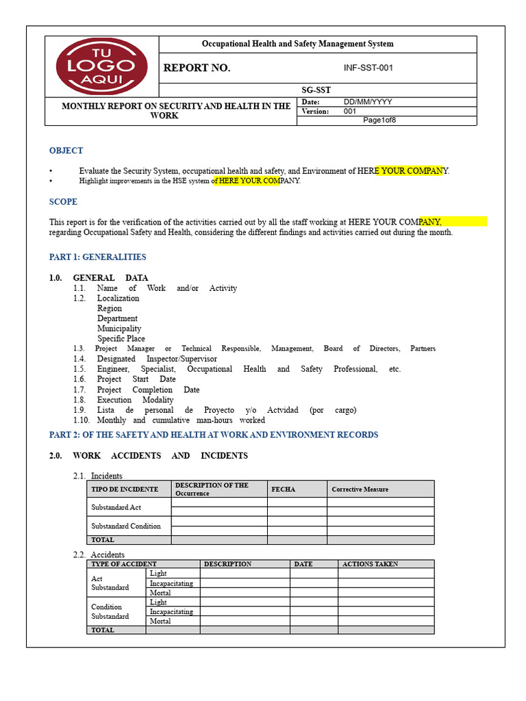 Monthly Occupational Health Report | PDF | Occupational Safety And ...
