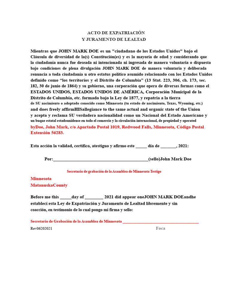 Ejemplo Acto de Expatriación JOHN MARK DOE - RecSec | PDF