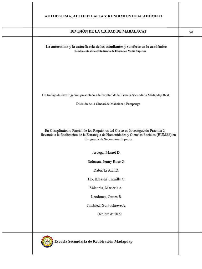 Trabajo de Investigación Humss 201 Capítulos 1 y 2 | PDF | Autoeficacia | Metodología de encuesta