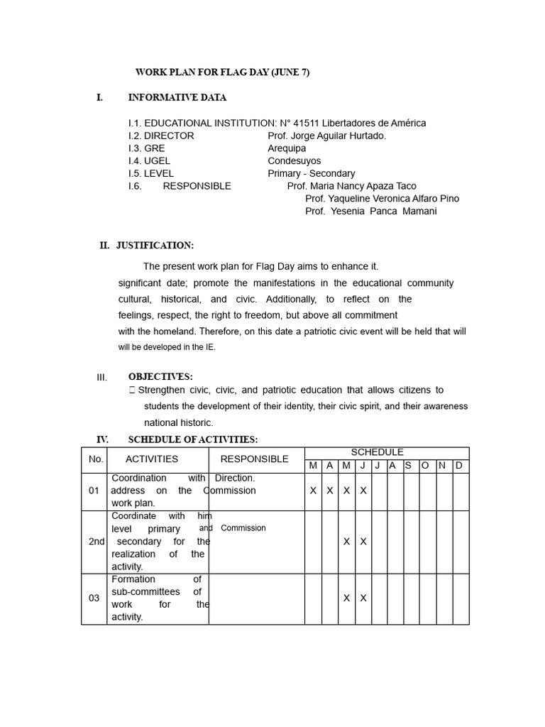 Work Plan For Flag Day | PDF