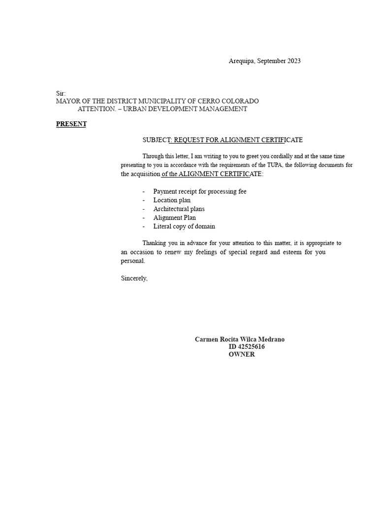 LETTER Requesting ALIGNMENT CERTIFICATE | PDF