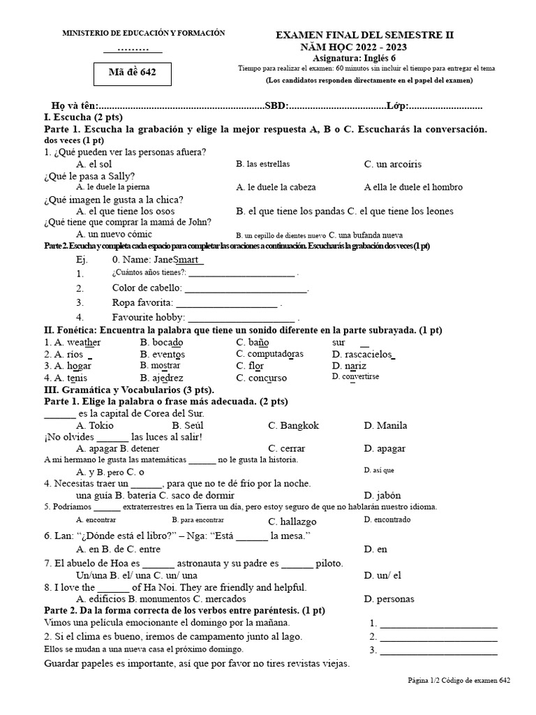 Examen Final Inglés 6 - Semestre II 2022-2023 | PDF