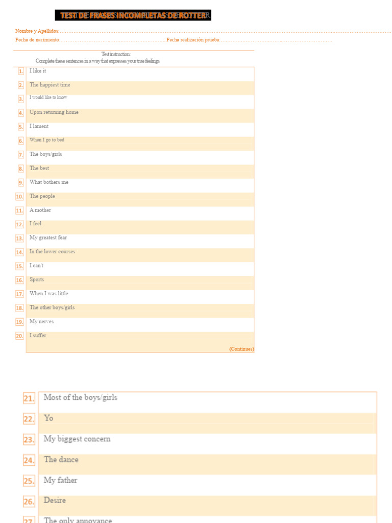 Rotter's Incomplete Sentences Test Template | PDF