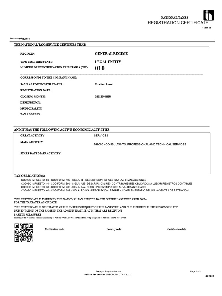 National Tax Registration Certificate | PDF | Taxes | Government Finances