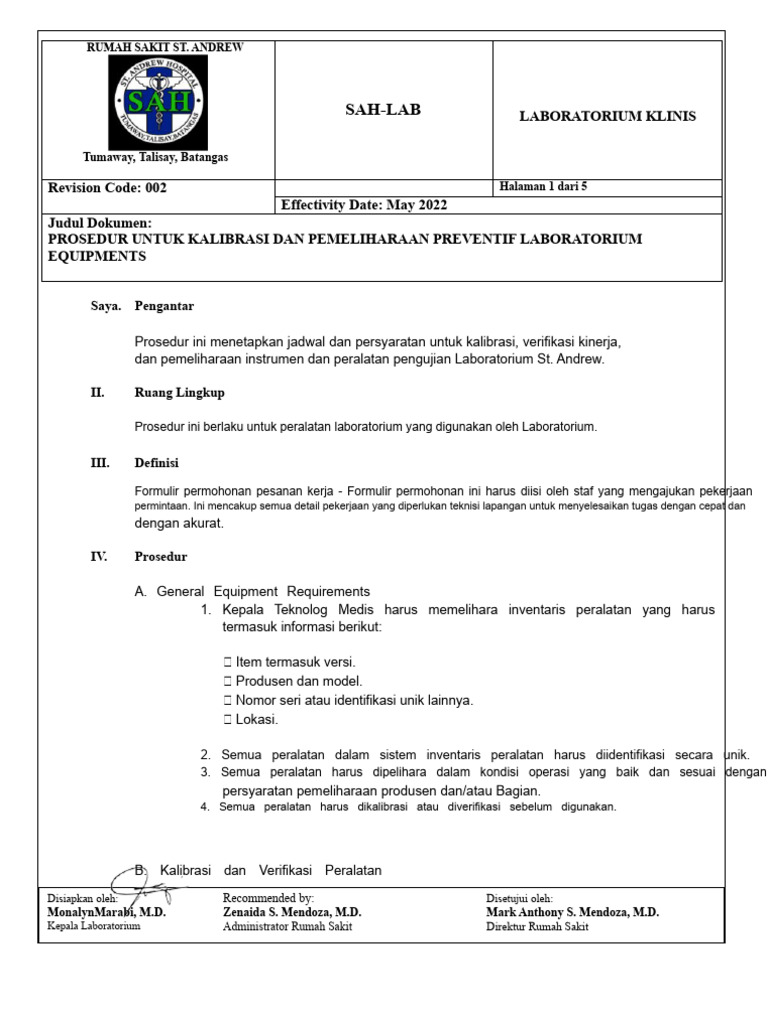 Prosedur Pemeliharaan Dan Kalibrasi Peralatan Laboratorium | PDF