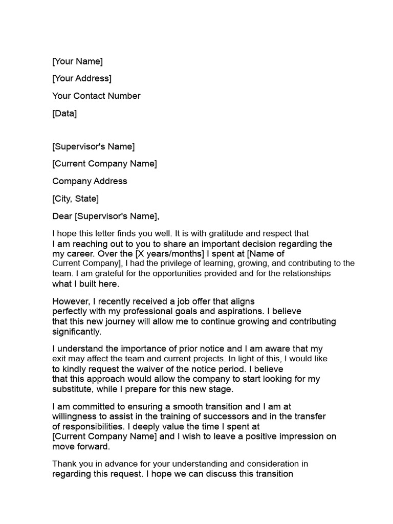 Template For New Job Letter Requesting Waiver of Notice Period in ...