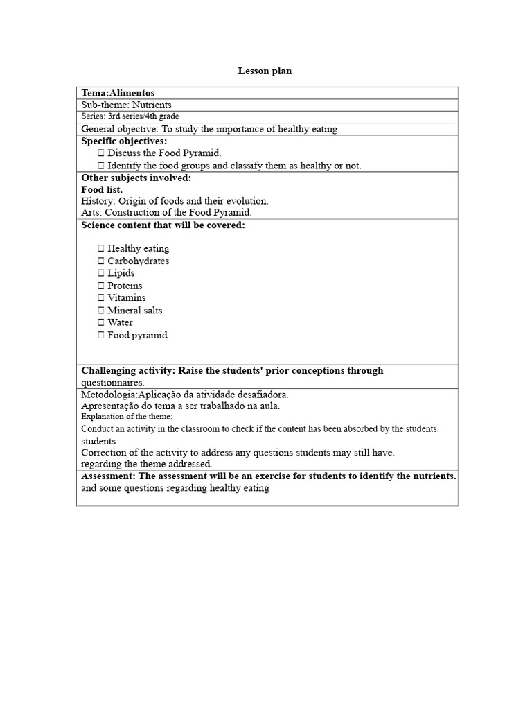 Lesson Plan On Food | PDF