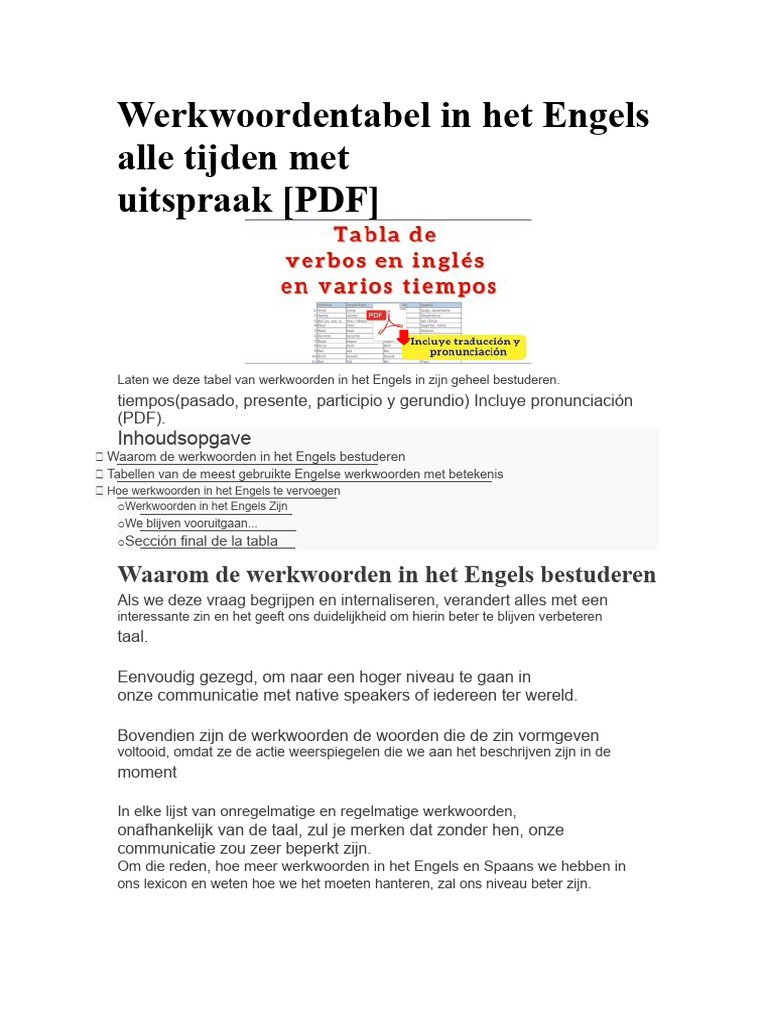 Tabel Van Werkwoorden in Het Engels in Alle Tijden Met Uitspraak | PDF