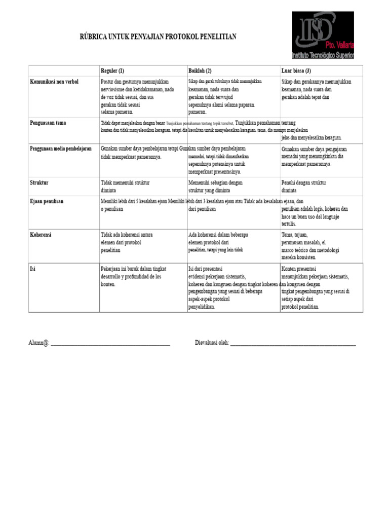 Rúbrica Penilaian Protokol Penelitian | PDF