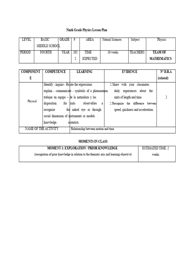 Ninth Grade Physics Lesson Plan | PDF | Acceleration | Physics