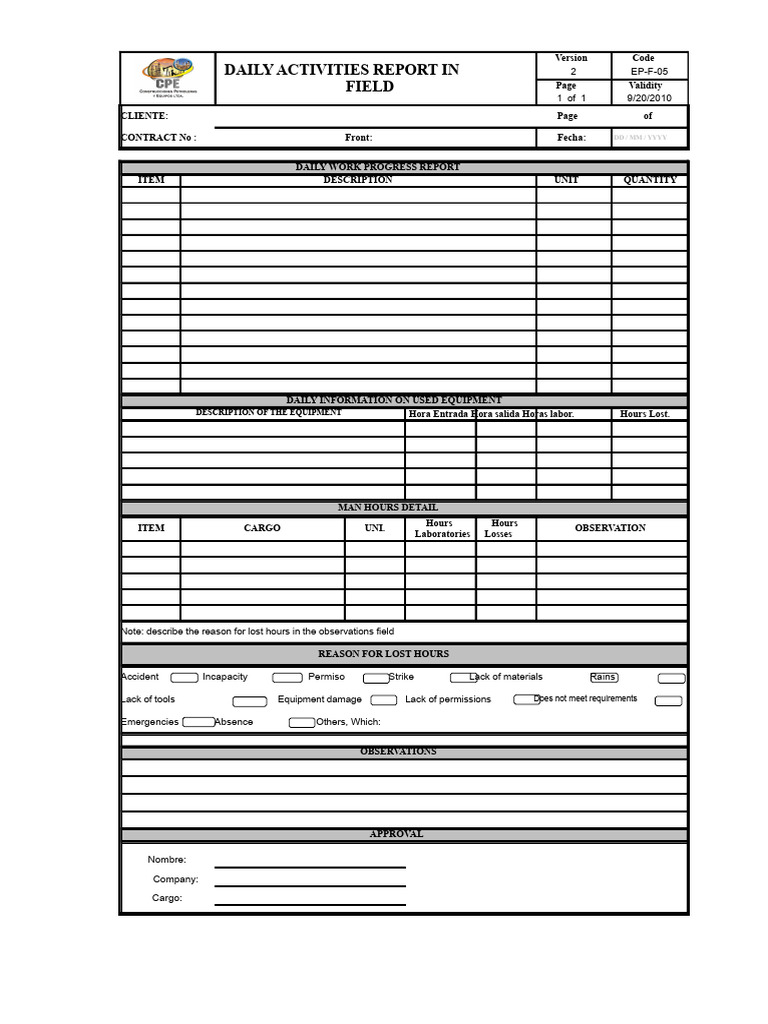 Daily Activity Report Format in Field EP-F-05 | PDF