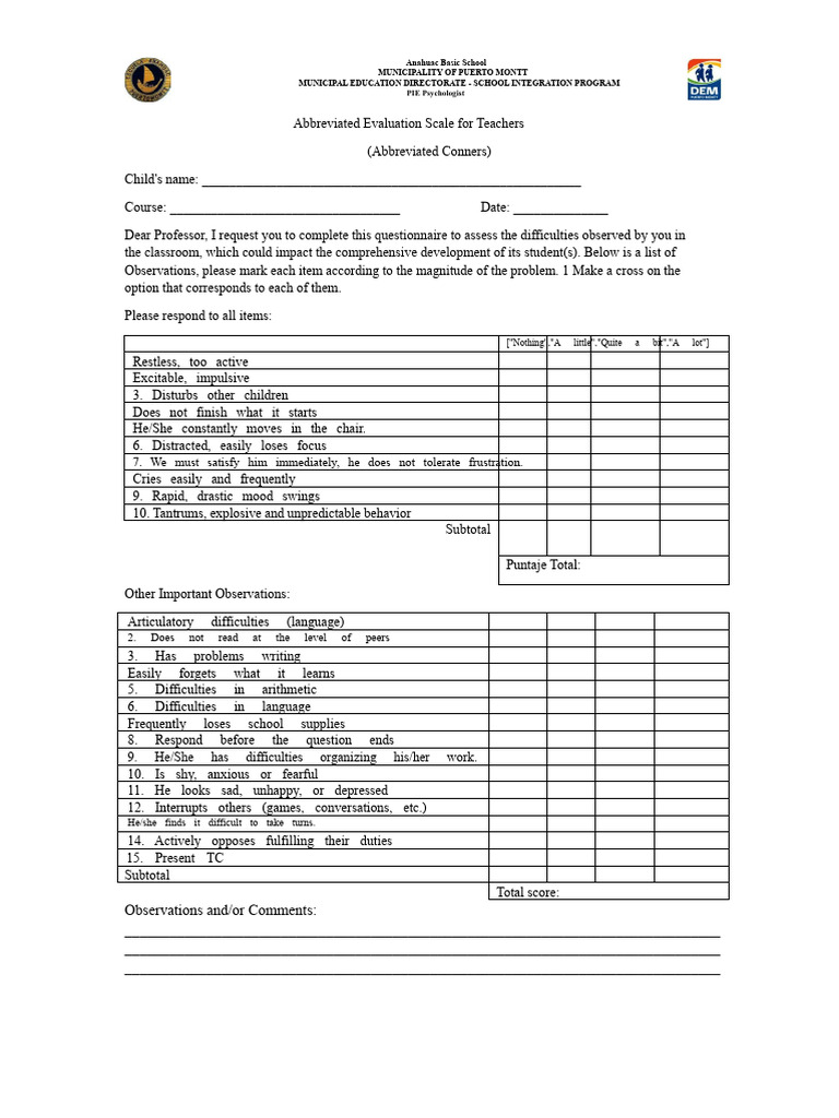 Conners Test Short Teacher Rating Scale | PDF | Psychological Concepts ...