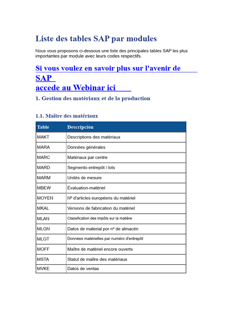 Tables SAP par modules et descriptions | PDF | Inventaire | Informatique