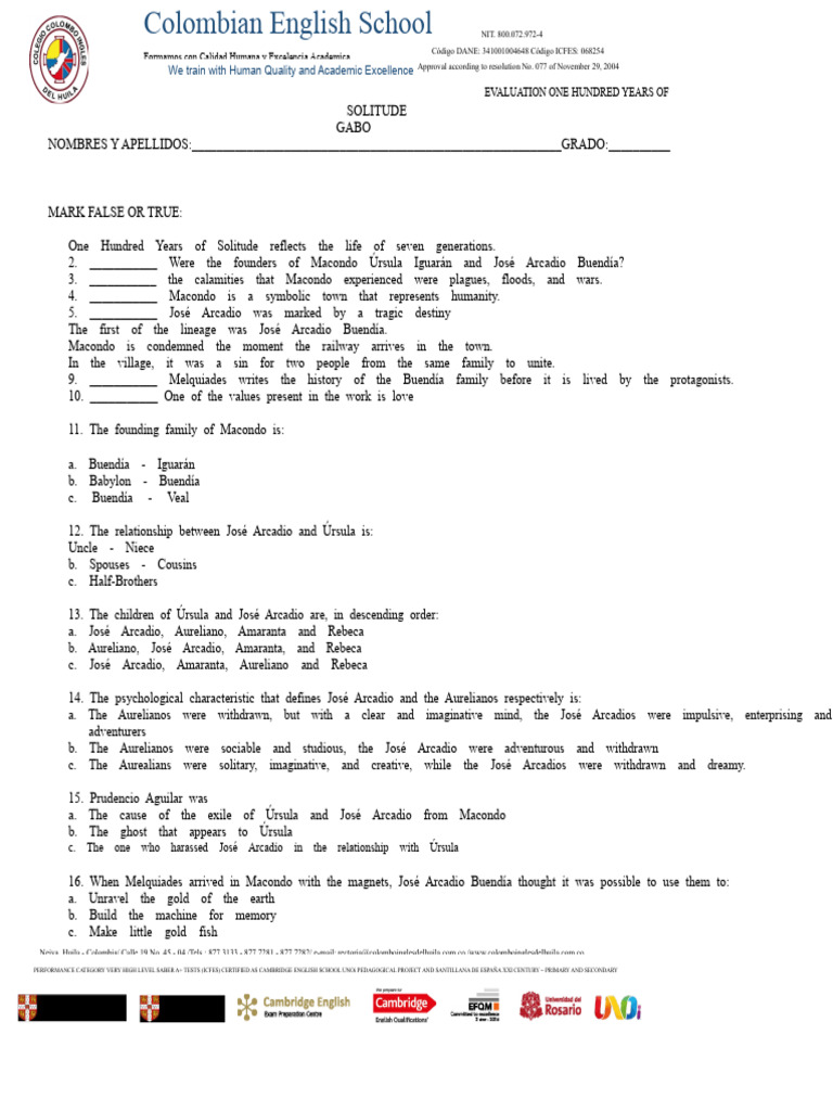 One Hundred Years of Solitude Evaluation | PDF | Spanish Language ...