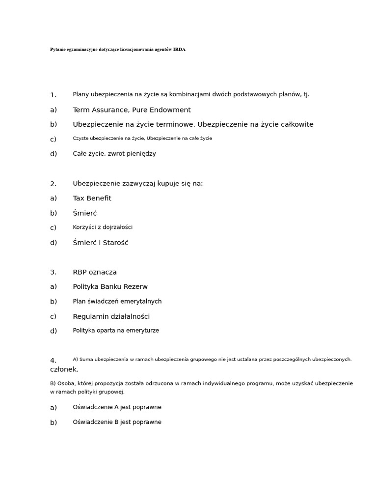 Przykładowy Arkusz Egzaminacyjny Agenta IRDA | PDF