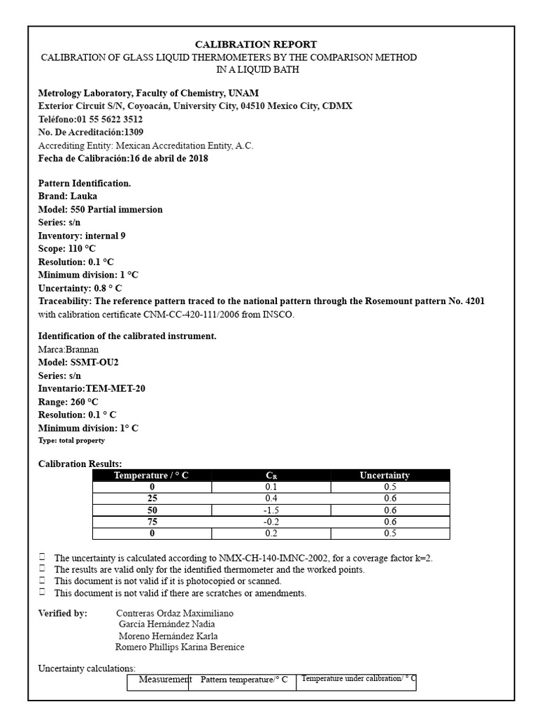 Calibration Report for Liquid Thermometers | PDF | Calibration ...