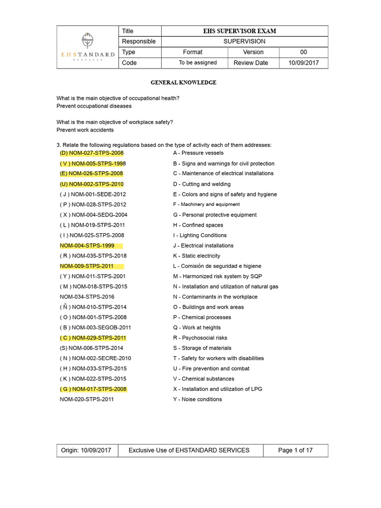 Ehs Supervisor Exam - Answers | PDF | Occupational Safety And Health ...