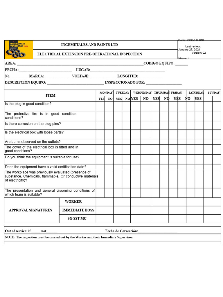 Preoperational Inspection of Electrical Extension v2 | PDF