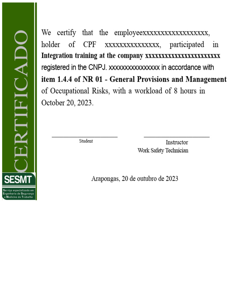 NR 01 Certificate - MODEL | PDF