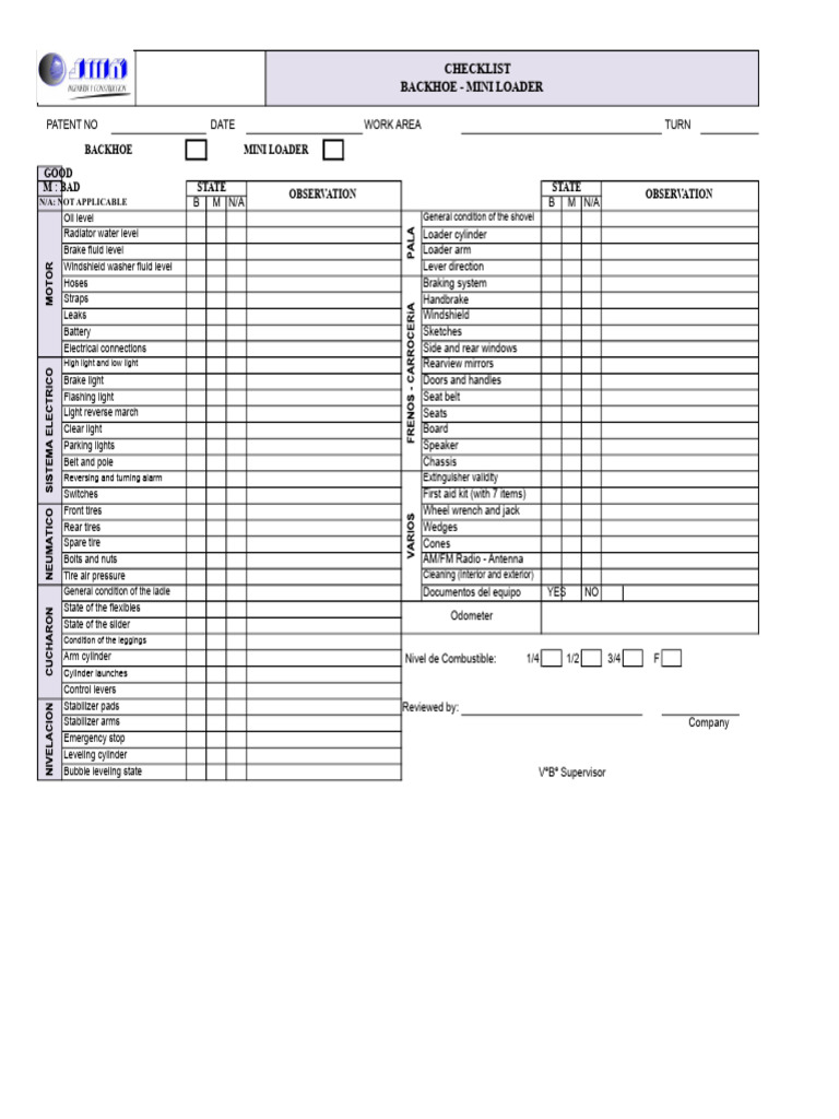 Mini Loader Backhoe Check List | PDF | Loader (Equipment) | Brake