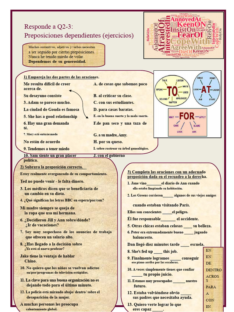 Ejercicios de Preposiciones Dependientes Pruebas de Gramática 85224 | PDF