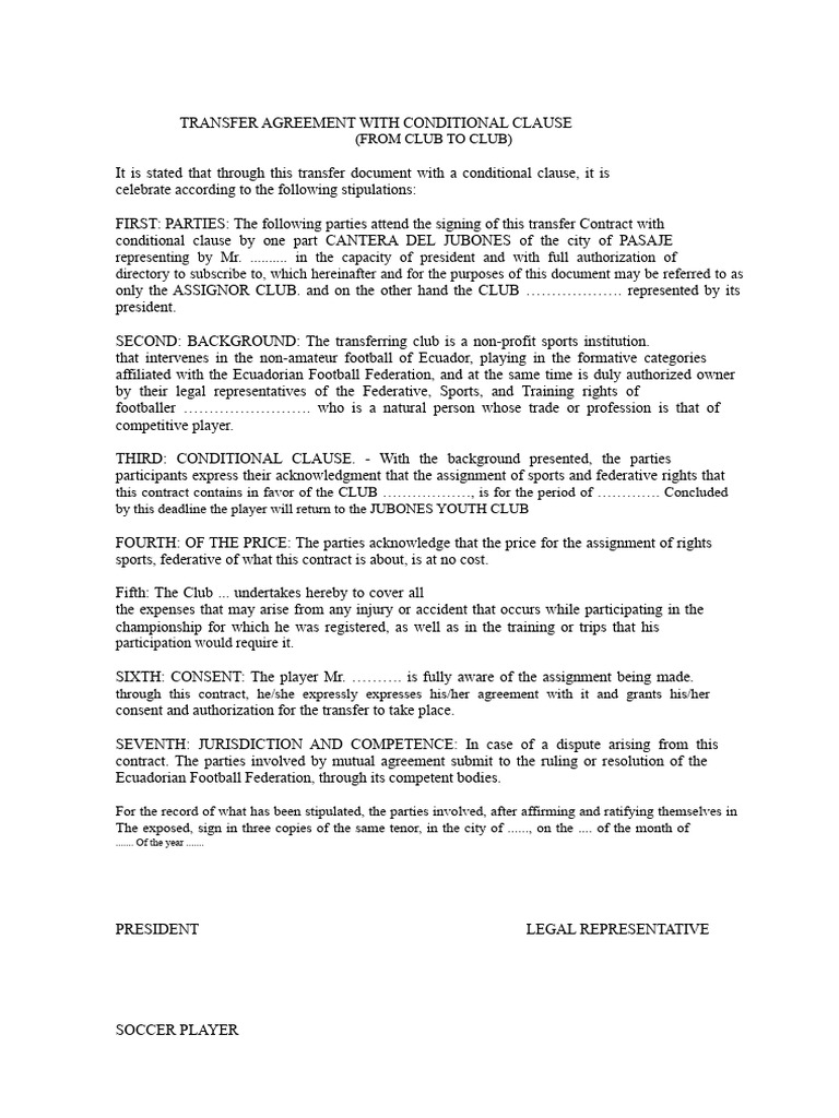 Conditional Transfer Agreement for Football Club | PDF | Private Law ...