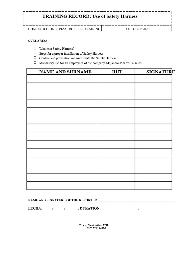Safety Harness Usage Log | PDF