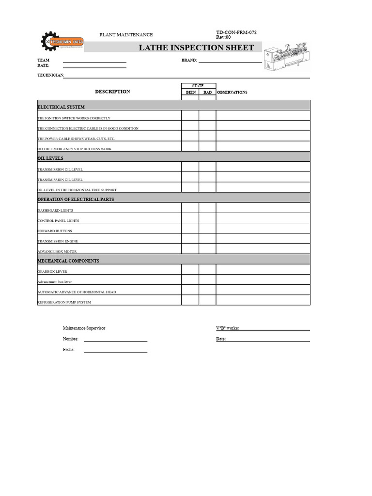 Lathe Inspection Maintenance Checklist | PDF