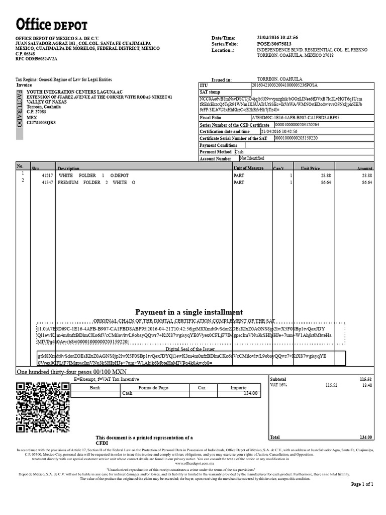 Office Depot Invoice - April 2016 | PDF | Invoice | Receipt