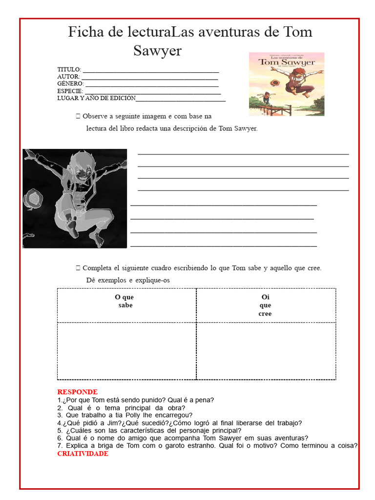 Ficha de leitura As aventuras de Tom Sawyer | PDF