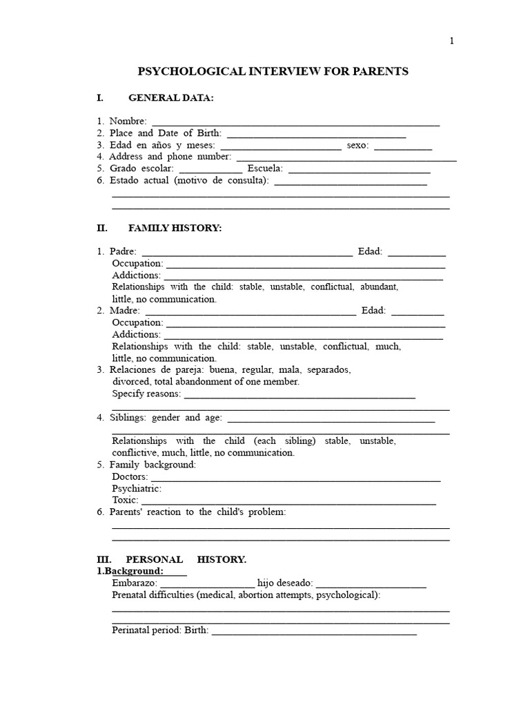 Psychological Interview Template for Parents | PDF | Behavioural ...
