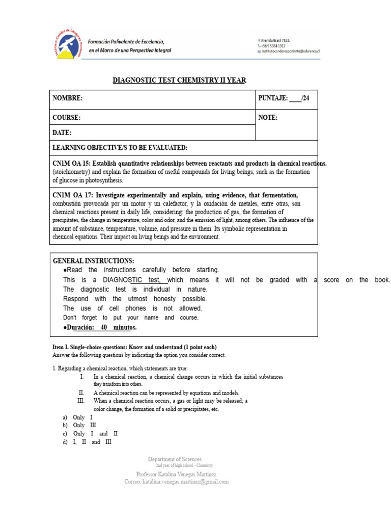Diagnostic Test II Year of Medium. | PDF | Chemical Reactions ...