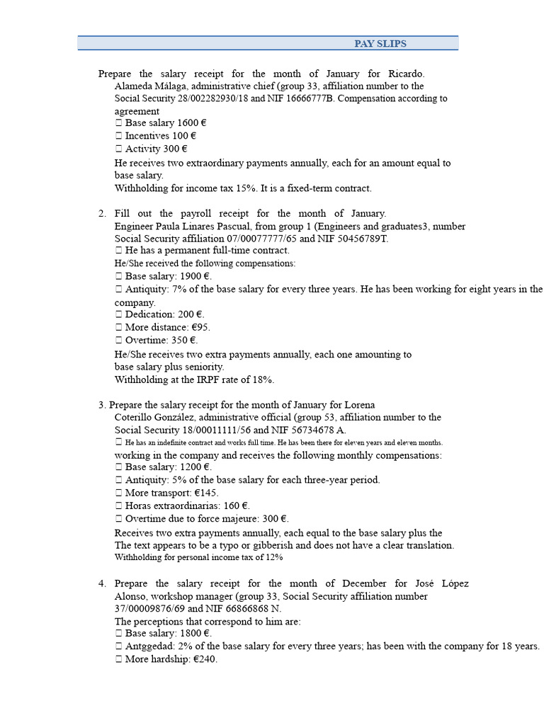 Exercises Salary Receipts | PDF | Salary | Payroll