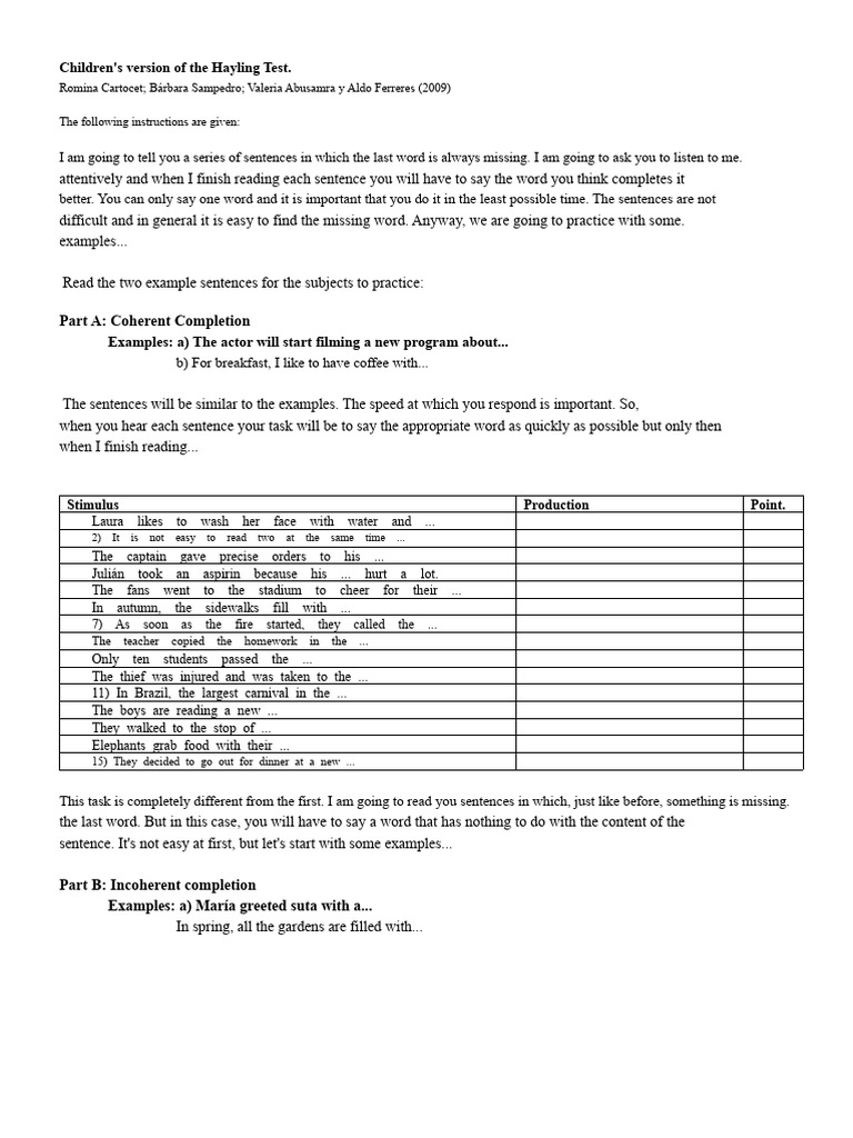 Children's Version of The Hayling Test | PDF | Cognitive Psychology ...